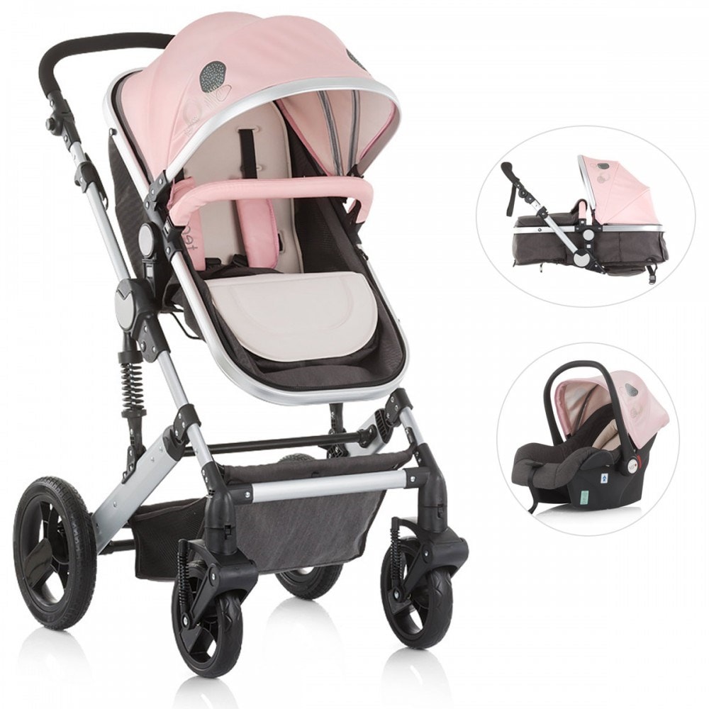 TERRA Poussette Trio 3 en 1 avec nacelle cosy et siège Rose CHIPOLINO