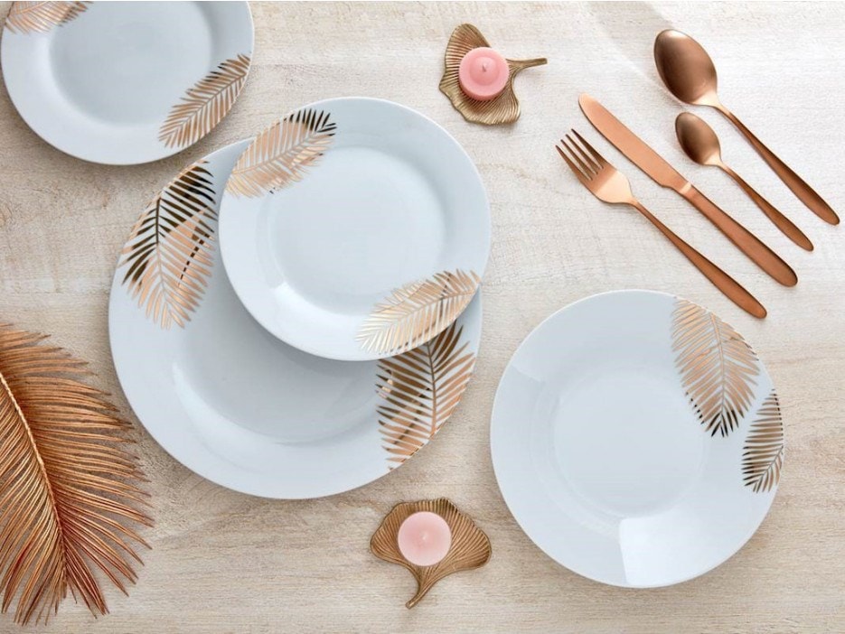 Service vaisselle 18 pièces - FLAVIA - Porcelaine - Blanc et doré VENTE ...