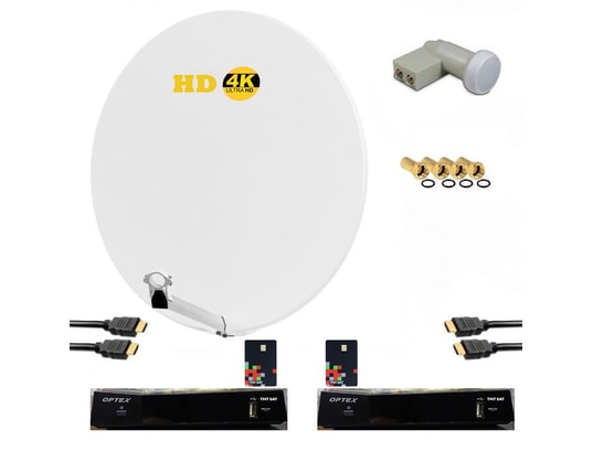 Kit parabole satellite hd4k fibre blanche 85cm + lnb twin + 2x récepteurs tv ors 9990 tntsat ...