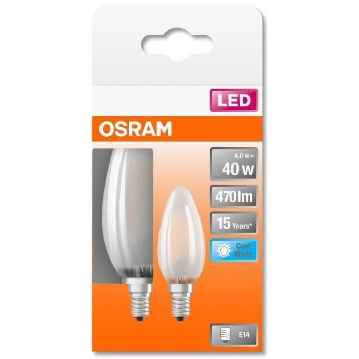 Osram boite de 2 ampoules led flamme verre dépoli - 4w équivalent 40w ...