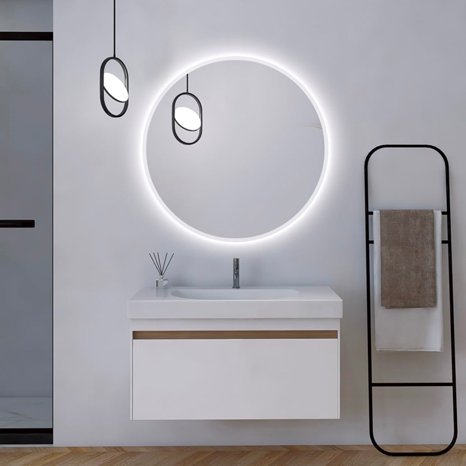 Miroir rond avec éclairage intégré, l.90 x h.90 cm - série belgica ...