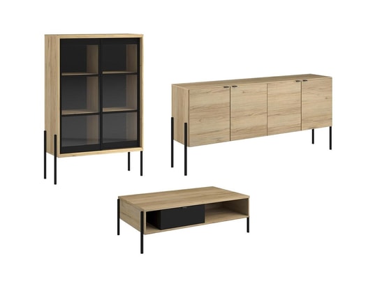 Pack séjour industriel memphis : table basse + buffet + vitrine - chêne ...