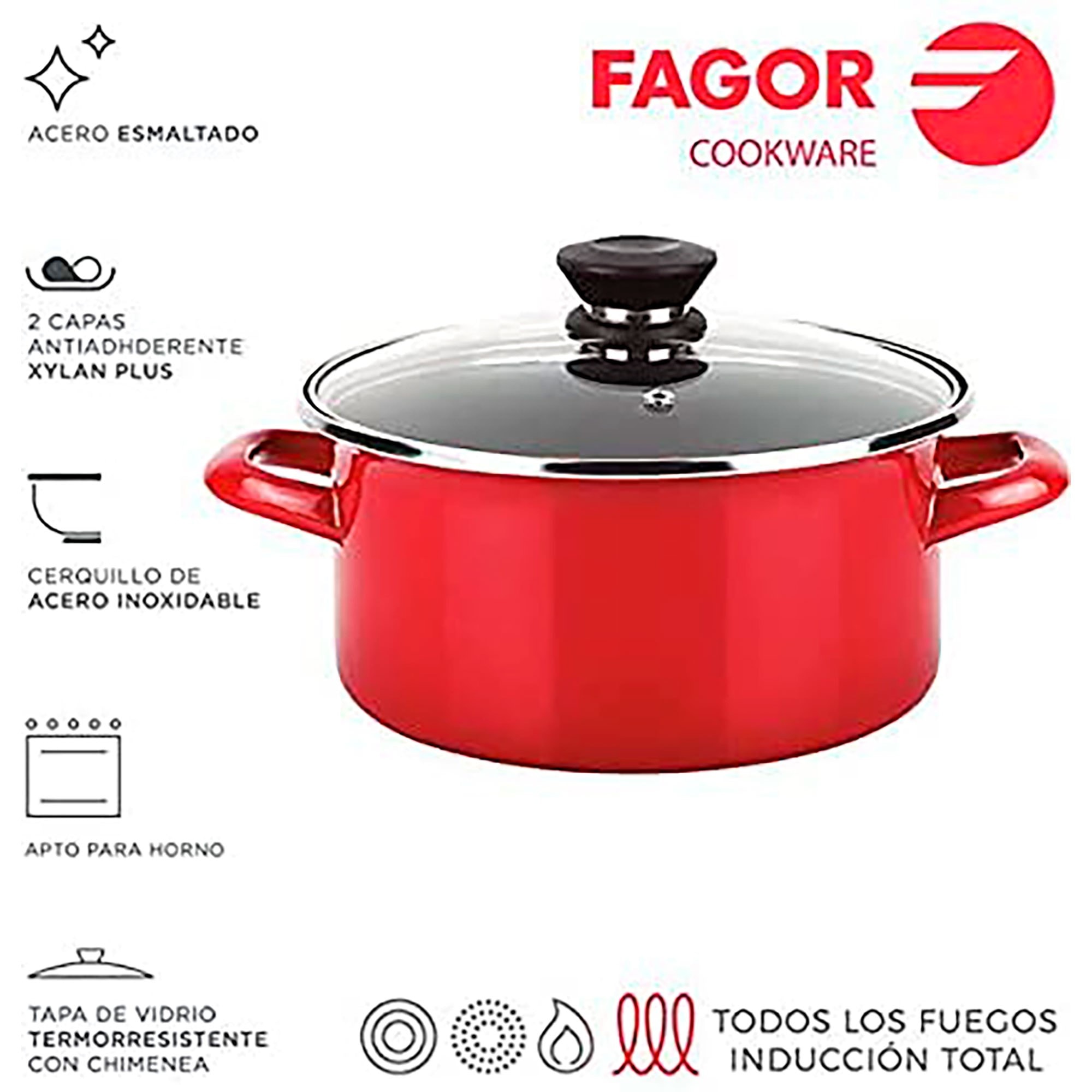 Fagor optimax casserole induction 24 cm acier émaillé, antiadhésif sans pfoa, couvercle verre ...