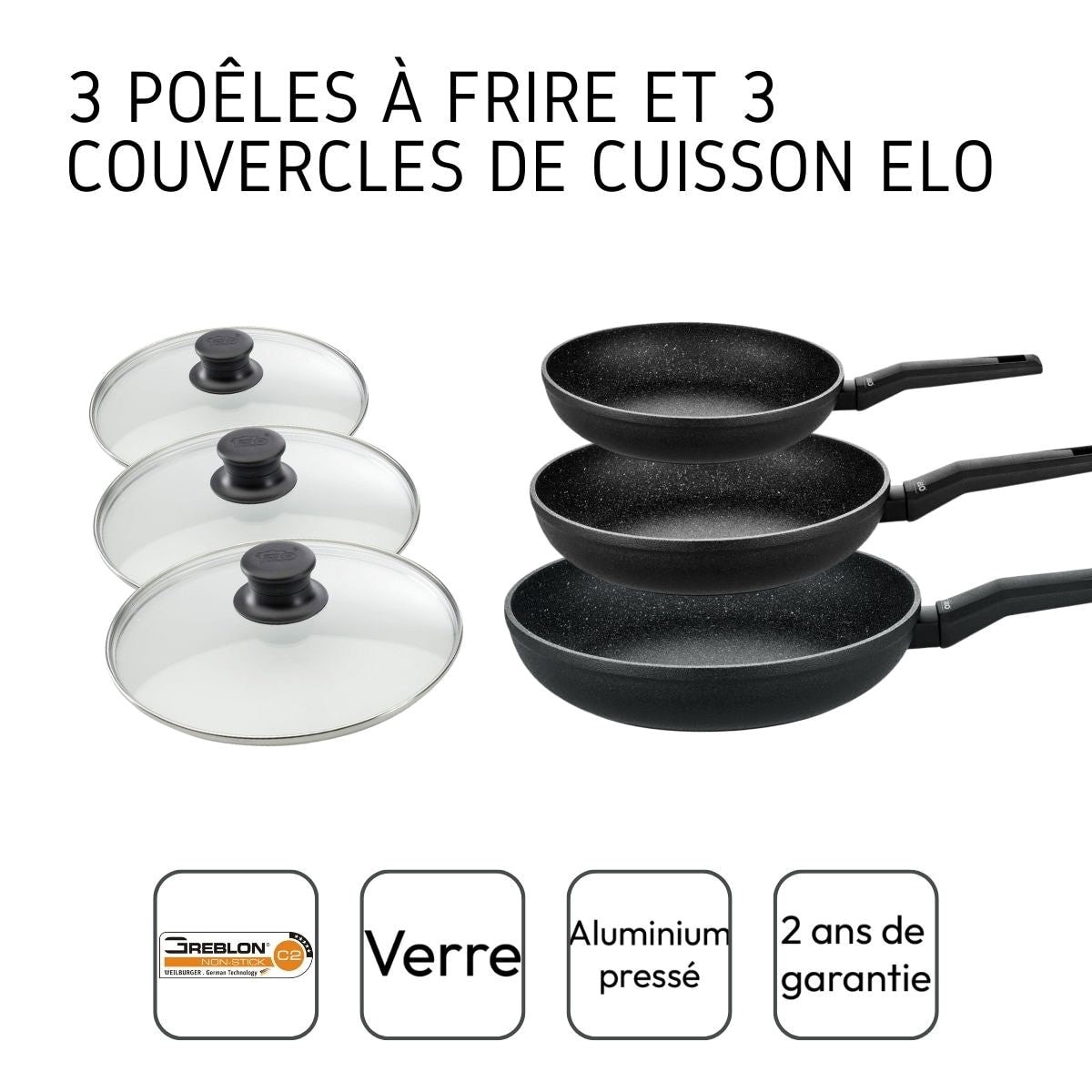 Ensemble de 3 poêles à frire et 3 couvercles en verre 20 cm 24 cm et 28 cm elo granit solution ...