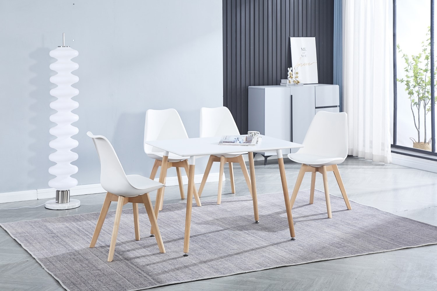 Table de cuisine, table à manger coloris blanc mat avec pieds naturel ...