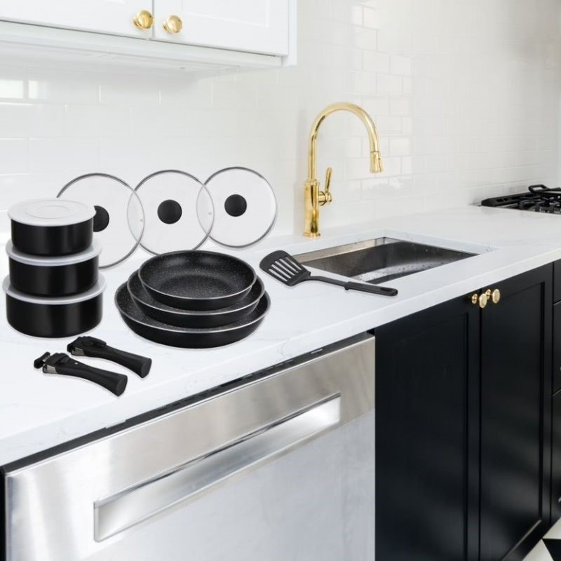 Batterie de cuisine revêtement pierre avec manche amovible 15 pièces ...