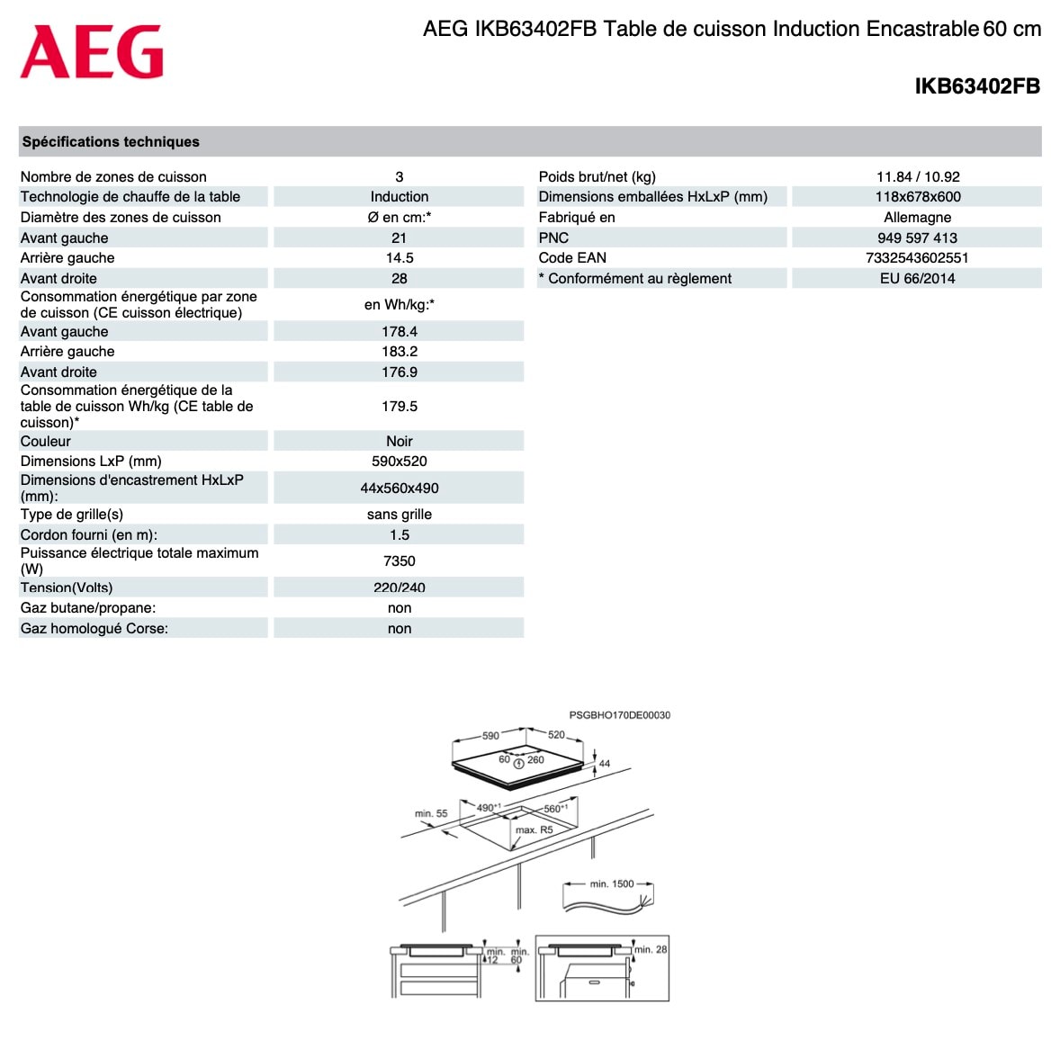 Aeg table induction ikb63402fb AEG