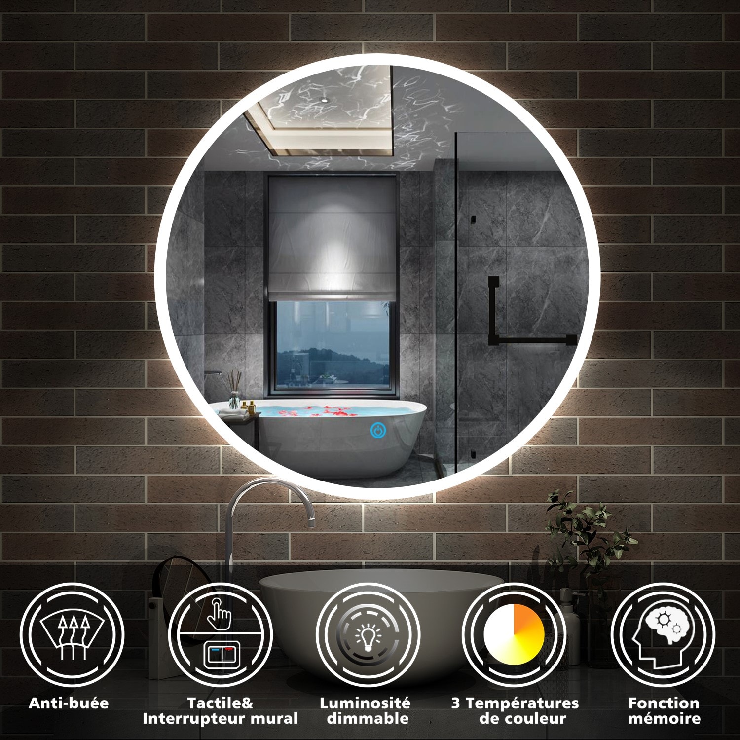 Aica miroir de salle de bain led 80cm, 3 couleurs, luminosité réglable et anti-buée AICA ...