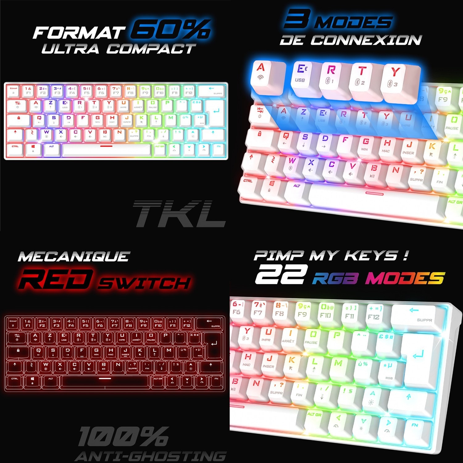 Clavier gamer sans fil xpert-k200 wireless blanc, mécanique, rgb, compact, anti-ghosting SPIRIT ...