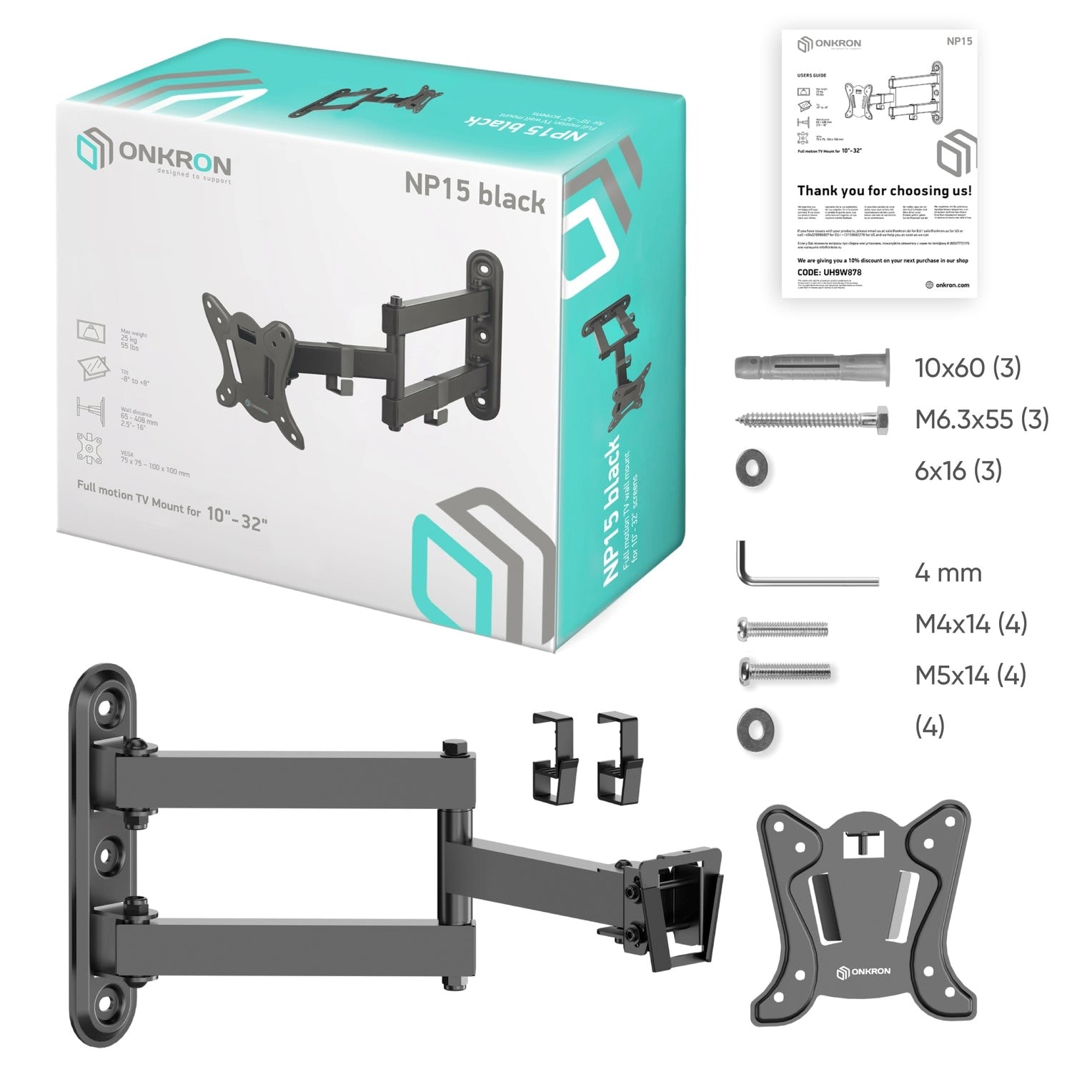 Onkron np15 support pivotant et inclinable pour tv 10” – 32” d'un poids ...