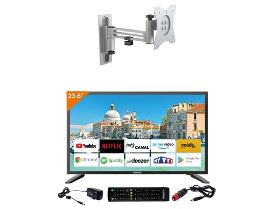 Pack antarion tv led 24 60cm téléviseur smart connect androïd 11.0 12v + support tv 180° charge ...